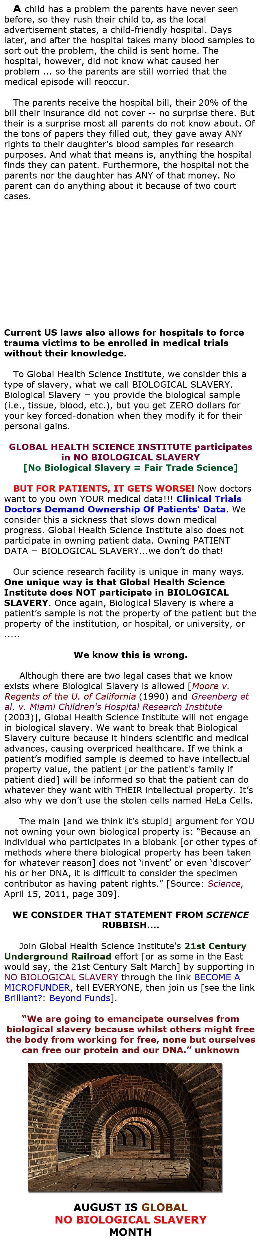 NO BIOLOGICAL SLAVERY--Patient's Sample Is Their Property: GHSI